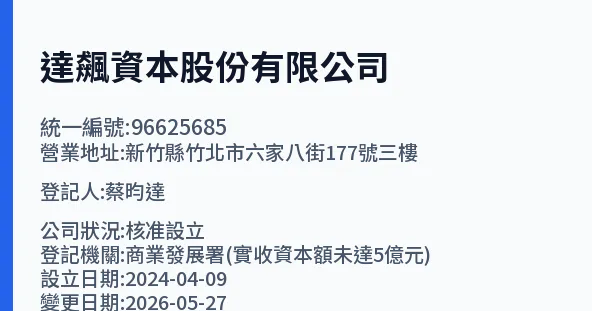 達飆資本股份有限公司的照片-統編 96625685(新竹縣) 公司登記資料與營業項目詳細圖表