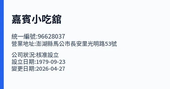 嘉賓小吃舘的照片-統編 96628037(澎湖縣) 公司登記資料與營業項目詳細圖表