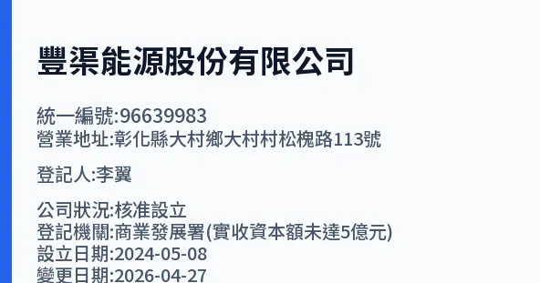 豐渠能源股份有限公司的照片-統編 96639983(彰化縣) 公司登記資料與營業項目詳細圖表