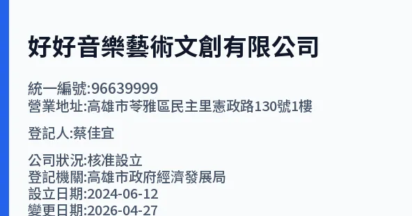 好好音樂藝術文創有限公司的照片-統編 96639999(高雄市) 公司登記資料與營業項目詳細圖表