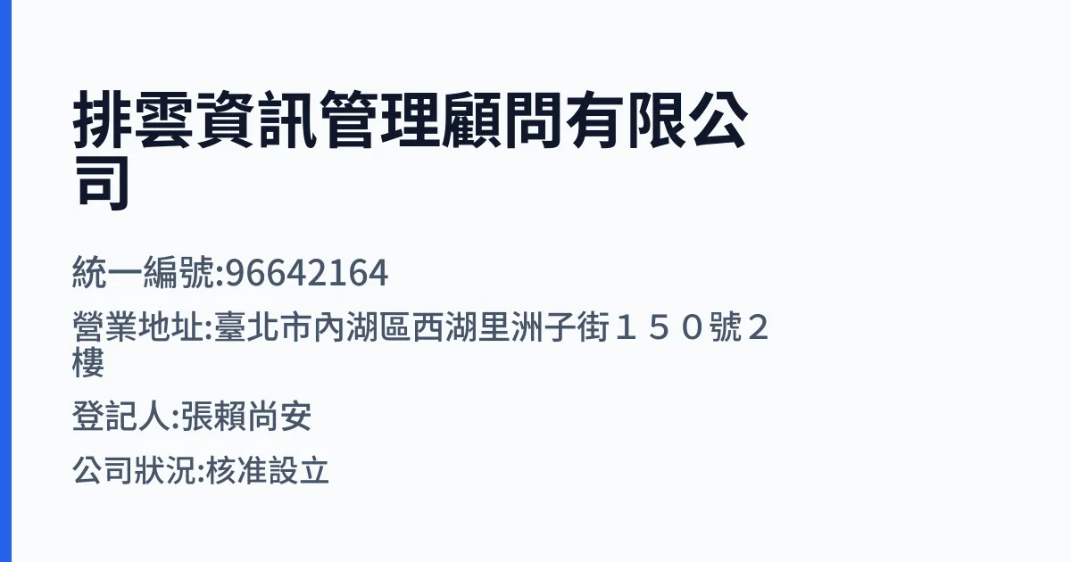 排雲資訊管理顧問有限公司 - 統編 96642164(臺北市) 公司登記資料與營業項目詳細圖表