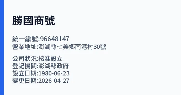 勝國商號的照片-統編 96648147(澎湖縣) 公司登記資料與營業項目詳細圖表