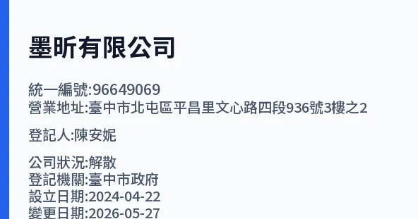墨昕有限公司的照片-統編 96649069(臺中市) 公司登記資料與營業項目詳細圖表