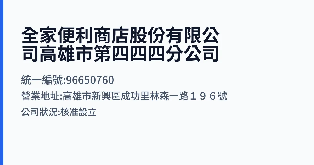 全家便利商店股份有限公司高雄市第四四四分公司 - 統編 96650760(高雄市) 公司登記資料與營業項目詳細圖表