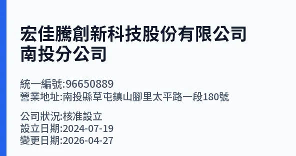 宏佳騰創新科技股份有限公司南投分公司的照片-統編 96650889(南投縣) 公司登記資料與營業項目詳細圖表