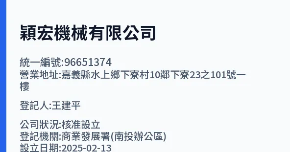 穎宏機械有限公司的照片-統編 96651374(嘉義縣) 公司登記資料與營業項目詳細圖表