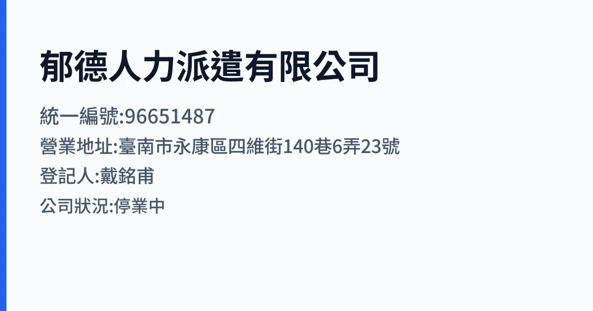 郁德人力派遣有限公司 - 統編 96651487(臺南市) 公司登記資料與營業項目詳細圖表