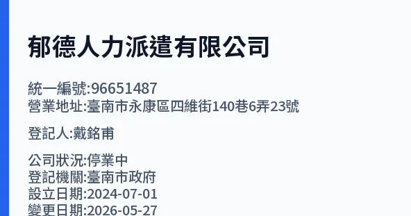 郁德人力派遣有限公司的照片-統編 96651487(臺南市) 公司登記資料與營業項目詳細圖表