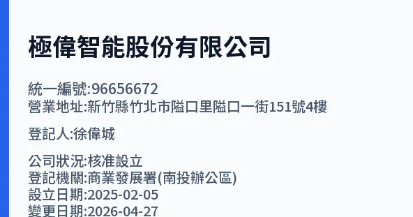 極偉智能股份有限公司的照片-統編 96656672(新竹縣) 公司登記資料與營業項目詳細圖表