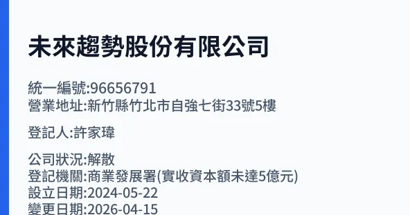 未來趨勢股份有限公司的照片-統編 96656791(新竹縣) 公司登記資料與營業項目詳細圖表