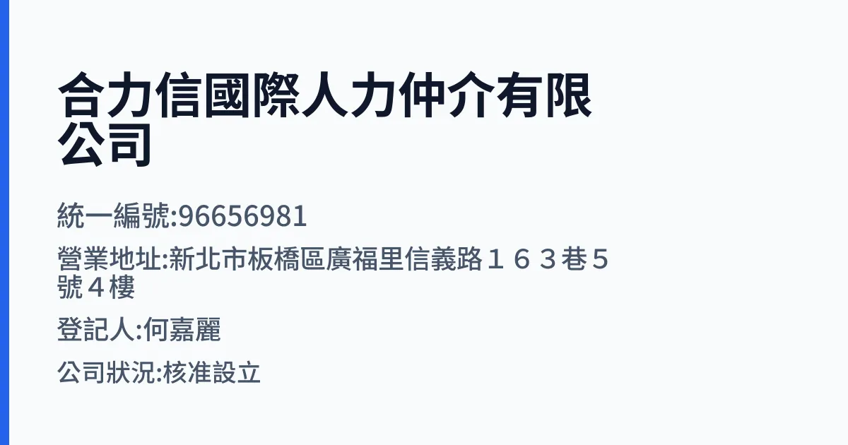 合力信國際人力仲介有限公司 - 統編 96656981(新北市) 公司登記資料與營業項目詳細圖表