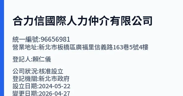 合力信國際人力仲介有限公司的照片-統編 96656981(新北市) 公司登記資料與營業項目詳細圖表