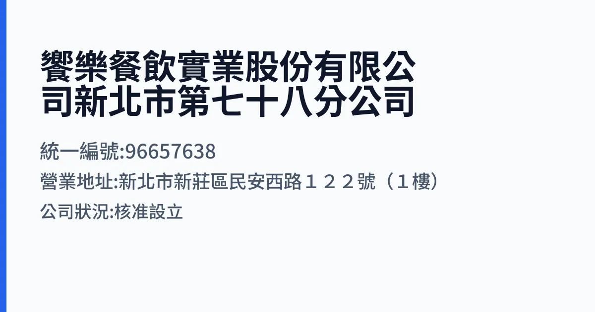 饗樂餐飲實業股份有限公司新北市第七十八分公司 - 統編 96657638(新北市) 公司登記資料與營業項目詳細圖表