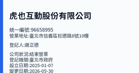 虎也互動股份有限公司的照片-統編 96658995(臺北市) 公司登記資料與營業項目詳細圖表