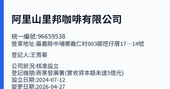 阿里山里邦咖啡有限公司的照片-統編 96659538(嘉義縣) 公司登記資料與營業項目詳細圖表