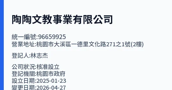 陶陶文教事業有限公司的照片-統編 96659925(桃園市) 公司登記資料與營業項目詳細圖表