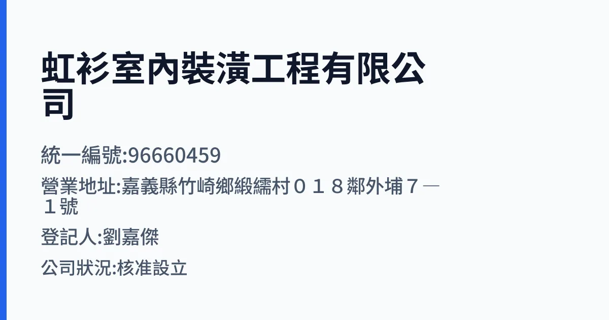 虹衫室內裝潢工程有限公司 - 統編 96660459(嘉義縣) 公司登記資料與營業項目詳細圖表