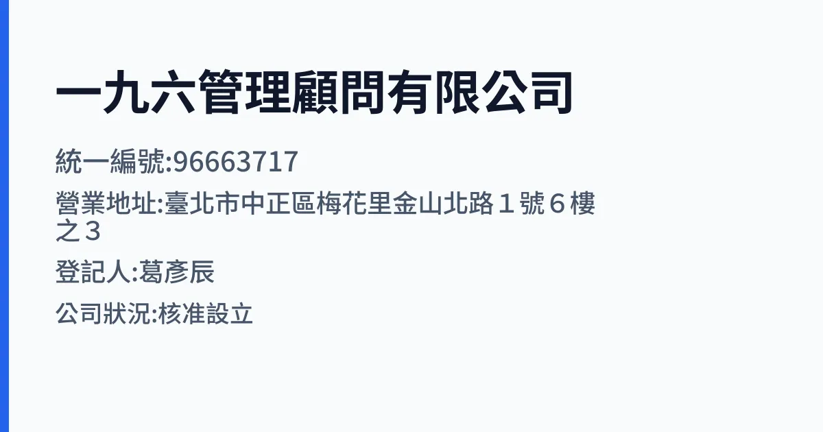 一九六管理顧問有限公司 - 統編 96663717(臺北市) 公司登記資料與營業項目詳細圖表