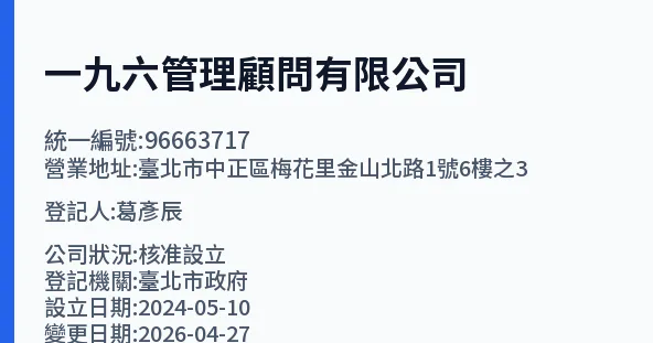 一九六管理顧問有限公司的照片-統編 96663717(臺北市) 公司登記資料與營業項目詳細圖表