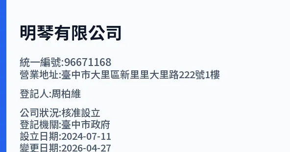 明琴有限公司的照片-統編 96671168(臺中市) 公司登記資料與營業項目詳細圖表