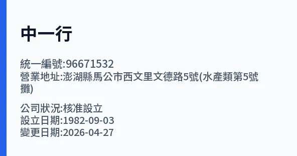 中一行的照片-統編 96671532(澎湖縣) 公司登記資料與營業項目詳細圖表