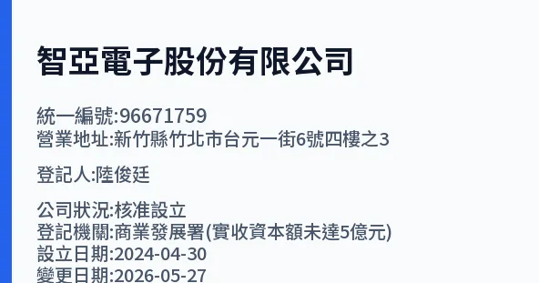 智亞電子股份有限公司的照片-統編 96671759(新竹縣) 公司登記資料與營業項目詳細圖表