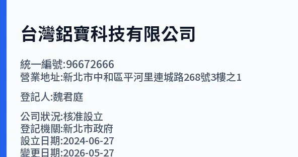 台灣鋁寶科技有限公司的照片-統編 96672666(新北市) 公司登記資料與營業項目詳細圖表