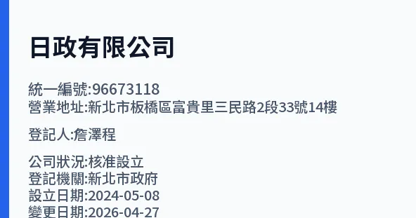 日政有限公司的照片-統編 96673118(新北市) 公司登記資料與營業項目詳細圖表