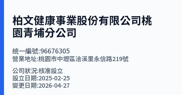 柏文健康事業股份有限公司桃園青埔分公司的照片-統編 96676305(桃園市) 公司登記資料與營業項目詳細圖表