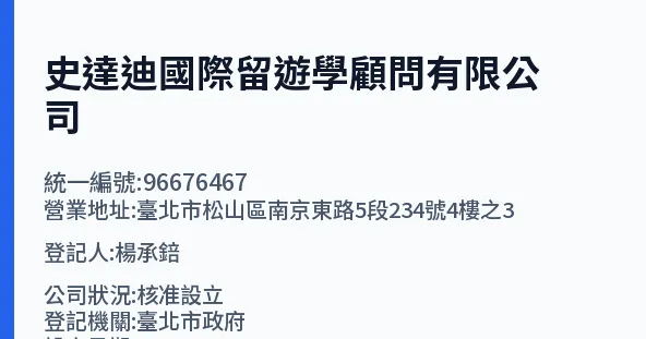 史達迪國際留遊學顧問有限公司的照片-統編 96676467(臺北市) 公司登記資料與營業項目詳細圖表