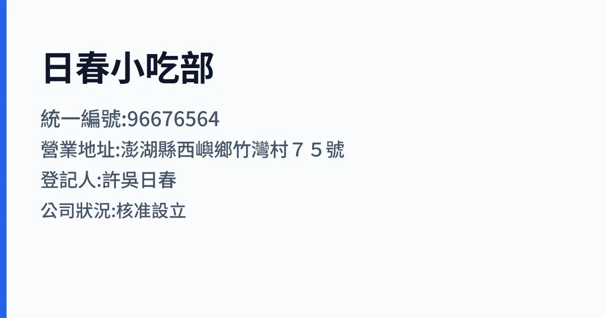 日春小吃部 - 統編 96676564(澎湖縣) 公司登記資料與營業項目詳細圖表