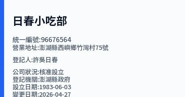 日春小吃部的照片-統編 96676564(澎湖縣) 公司登記資料與營業項目詳細圖表