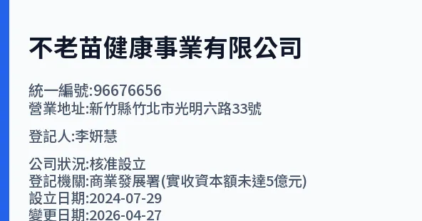不老苗健康事業有限公司的照片-統編 96676656(新竹縣) 公司登記資料與營業項目詳細圖表