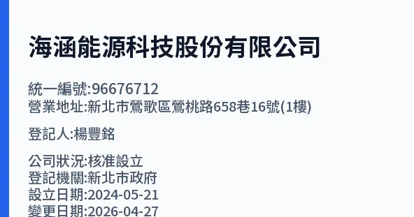 海涵能源科技股份有限公司的照片-統編 96676712(新北市) 公司登記資料與營業項目詳細圖表