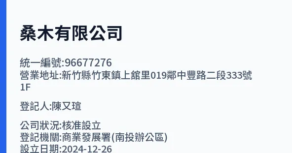桑木有限公司的照片-統編 96677276(新竹縣) 公司登記資料與營業項目詳細圖表