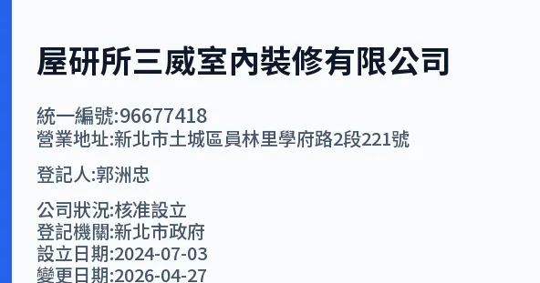 屋研所三威室內裝修有限公司的照片-統編 96677418(新北市) 公司登記資料與營業項目詳細圖表