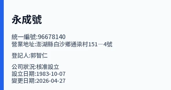永成號的照片-統編 96678140(澎湖縣) 公司登記資料與營業項目詳細圖表