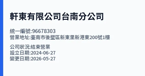 軒東有限公司台南分公司的照片-統編 96678303(臺南市) 公司登記資料與營業項目詳細圖表