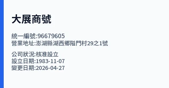大展商號的照片-統編 96679605(澎湖縣) 公司登記資料與營業項目詳細圖表
