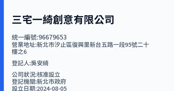 三宅一綺創意有限公司的照片-統編 96679653(新北市) 公司登記資料與營業項目詳細圖表