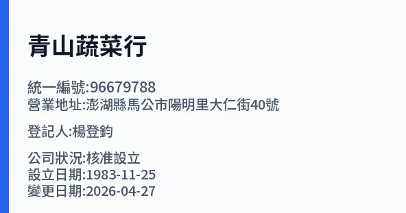 青山蔬菜行的照片-統編 96679788(澎湖縣) 公司登記資料與營業項目詳細圖表