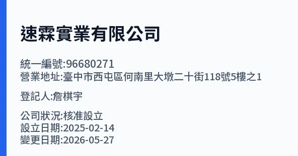 速霖實業有限公司的照片-統編 96680271(臺中市) 公司登記資料與營業項目詳細圖表
