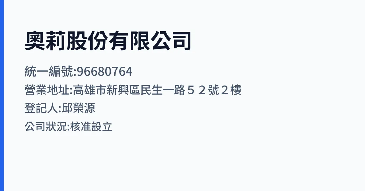 奧莉股份有限公司 - 統編 96680764(高雄市) 公司登記資料與營業項目詳細圖表