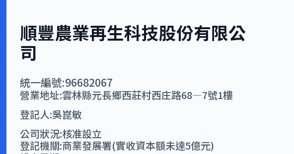順豐農業再生科技股份有限公司的照片-統編 96682067(雲林縣) 公司登記資料與營業項目詳細圖表