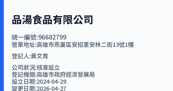 品湯食品有限公司的照片-統編 96682799(高雄市) 公司登記資料與營業項目詳細圖表