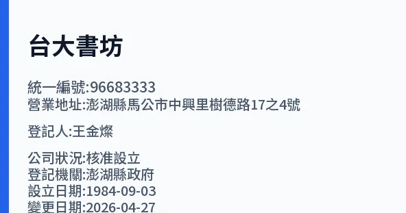 台大書坊的照片-統編 96683333(澎湖縣) 公司登記資料與營業項目詳細圖表