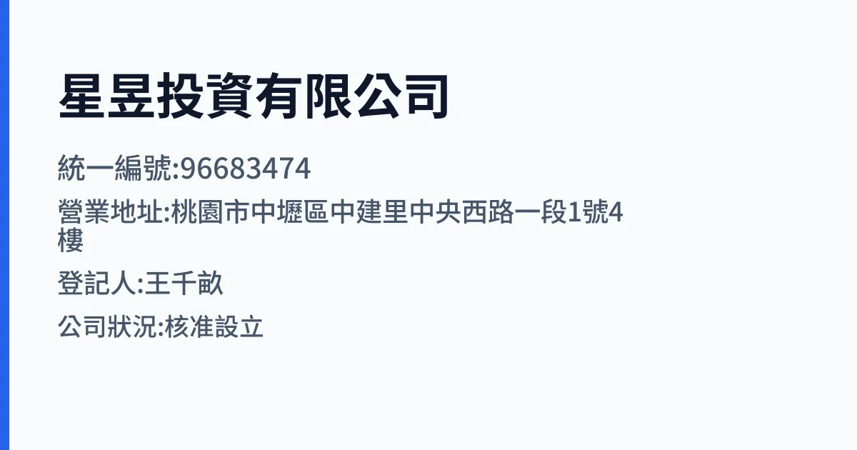 星昱投資有限公司 - 統編 96683474(桃園市) 公司登記資料與營業項目詳細圖表