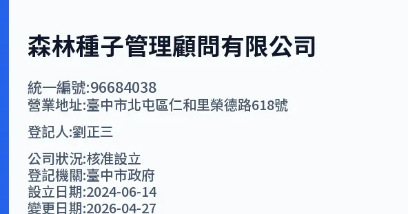 森林種子管理顧問有限公司的照片-統編 96684038(臺中市) 公司登記資料與營業項目詳細圖表