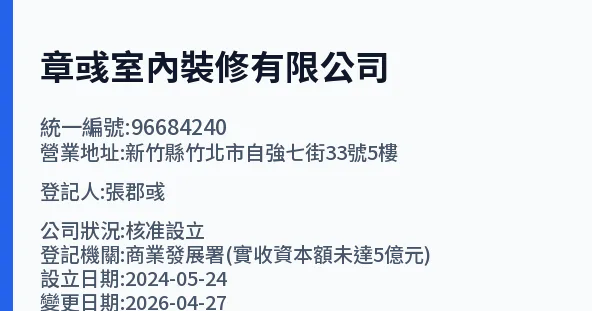 章彧室內裝修有限公司的照片-統編 96684240(新竹縣) 公司登記資料與營業項目詳細圖表