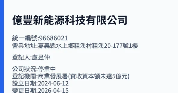 億豐新能源科技有限公司的照片-統編 96686021(嘉義縣) 公司登記資料與營業項目詳細圖表